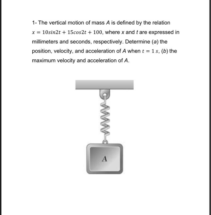 Solved 1- The vertical motion of mass A is defined by the | Chegg.com