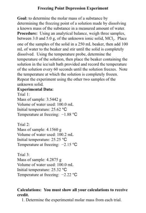 Solved Freezing Point Depression Experiment Goal: to | Chegg.com