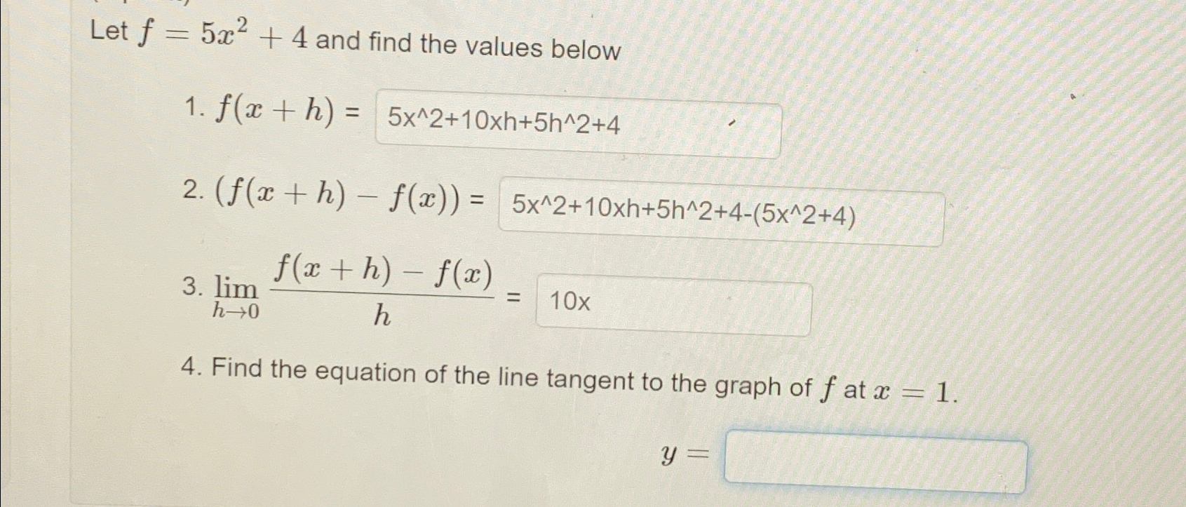 Solved Let f=5x2+4 ﻿and find the values | Chegg.com