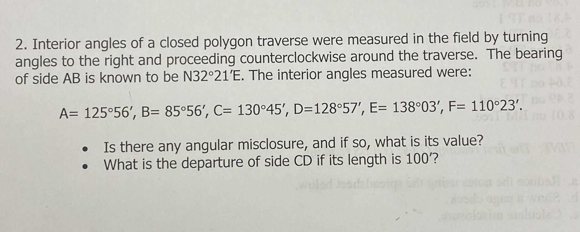 Solved Interior angles of a closed polygon traverse were | Chegg.com