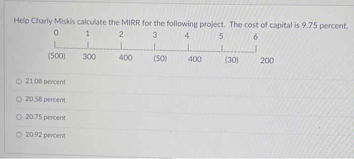Solved Help Charly Miskis calculate the MIRR for the | Chegg.com