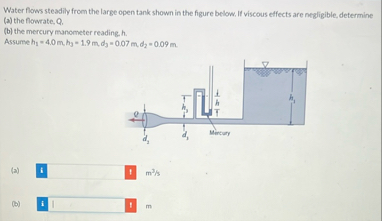 Solved Water flows steadily from the large open tank shown | Chegg.com