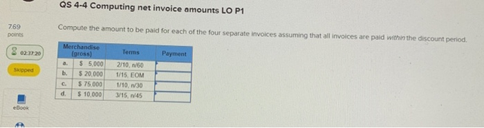 Solved QS 4-4 Computing net invoice amounts LO P1 7.69 | Chegg.com