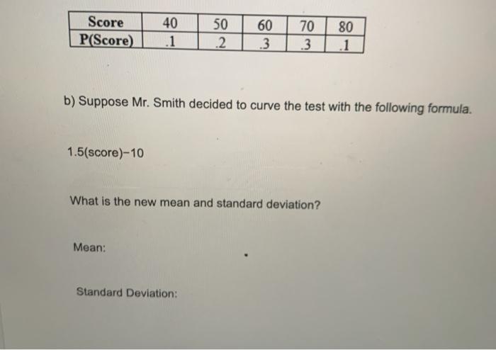 Solved 40 70 Score P(Score) 80 50 .2 .1 60 .3 3 b) Suppose | Chegg.com