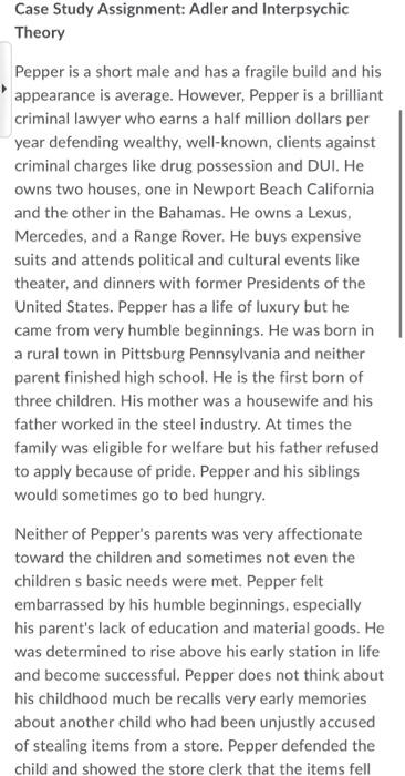 Solved Case Study Assignment: Adler and Interpsychic Theory | Chegg.com