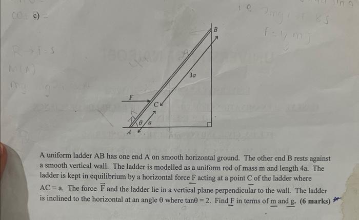 [Solved]: A uniform ladder ( mathrm{AB} ) has one end