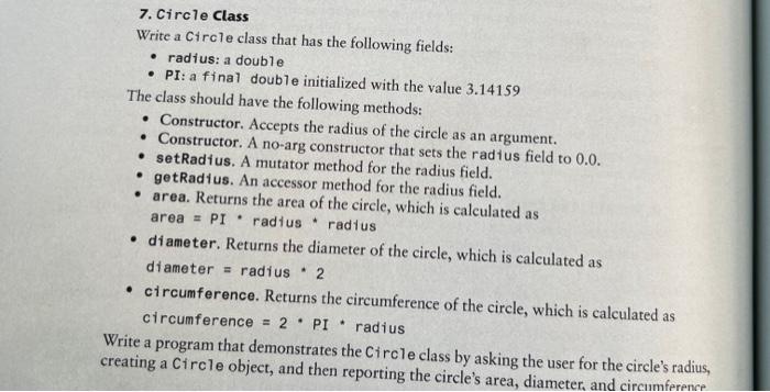 Solved 7. Circle Class Write a C4rcle class that has the | Chegg.com