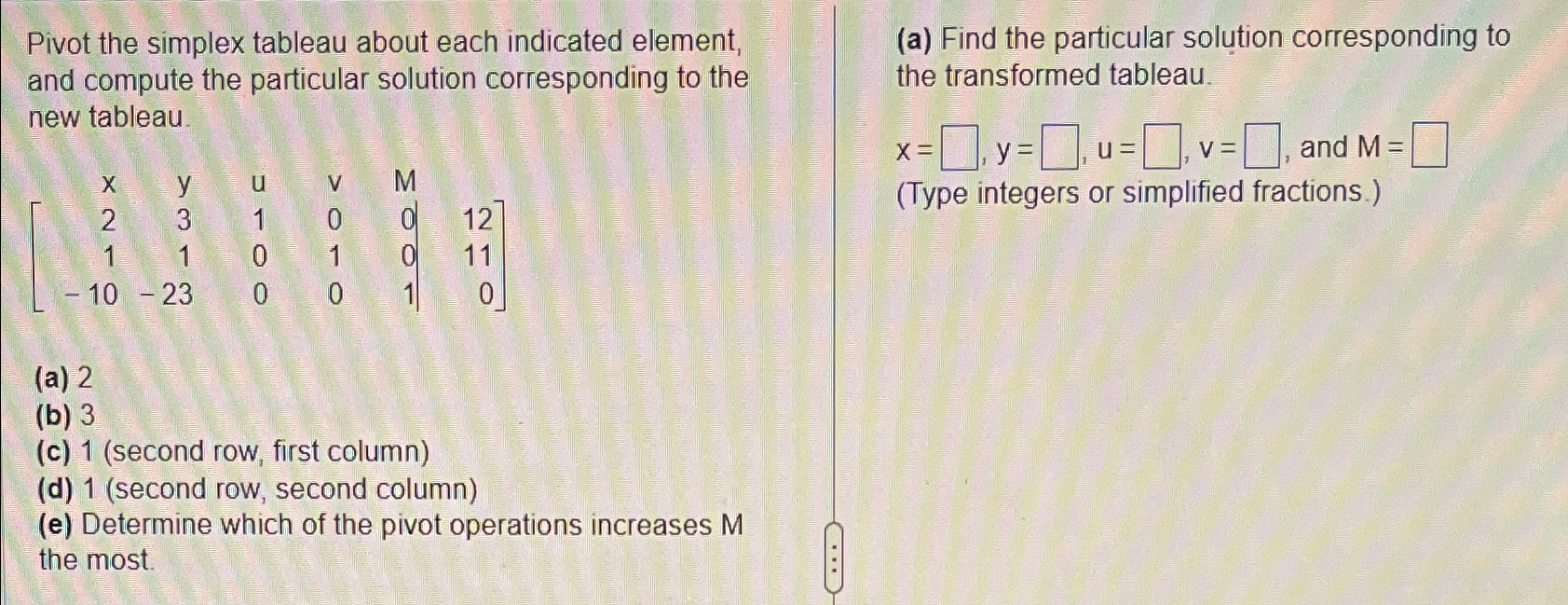 Solved Pivot the simplex tableau about each indicated | Chegg.com