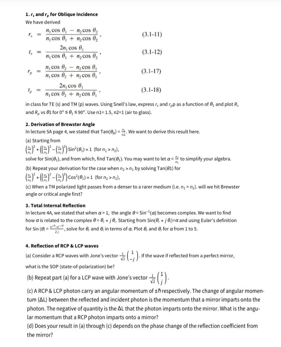 Solved rs ﻿and rp ﻿for Oblique IncidenceWe have | Chegg.com