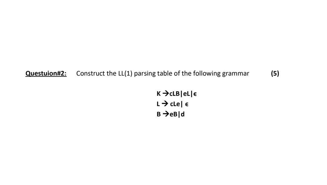 Solved Questuion#2: Construct the LL(1) parsing table of the | Chegg.com