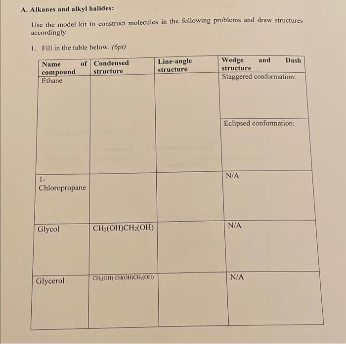 Solved A. Alkanes and alkyl halides: Use the model kit to | Chegg.com