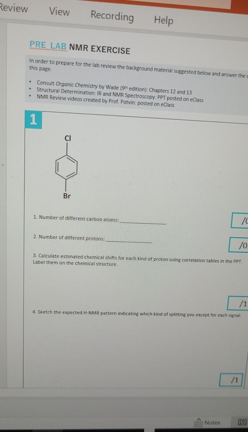 Solved Review View Recording Help PRE LAB NMR EXERCISE In | Chegg.com