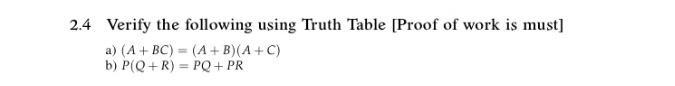 Solved 2.4 Verify the following using Truth Table (Proof of | Chegg.com