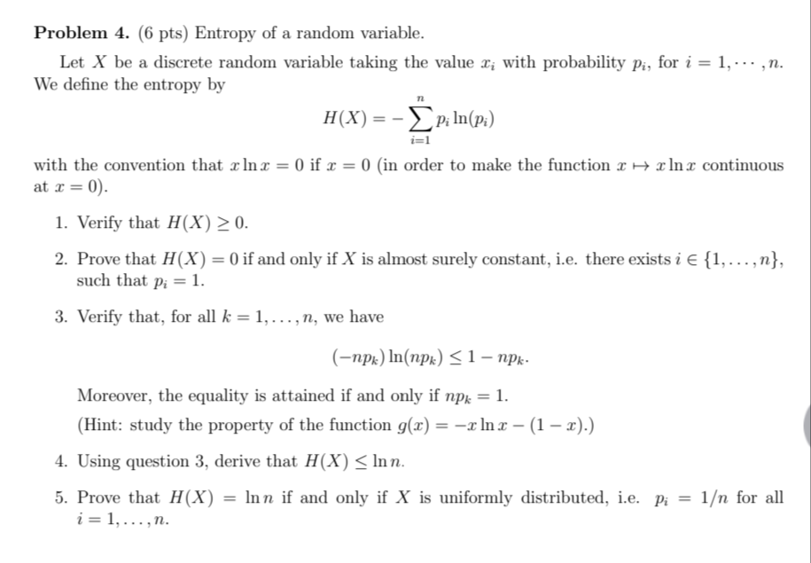 Solved Problem 4 6 Pts Entropy Of A Random Variable Let
