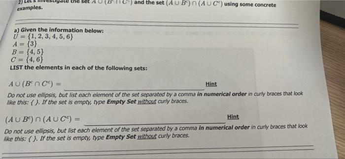 Solved 2) Let examples. U') and the set (AUB) n(AUC) using | Chegg.com