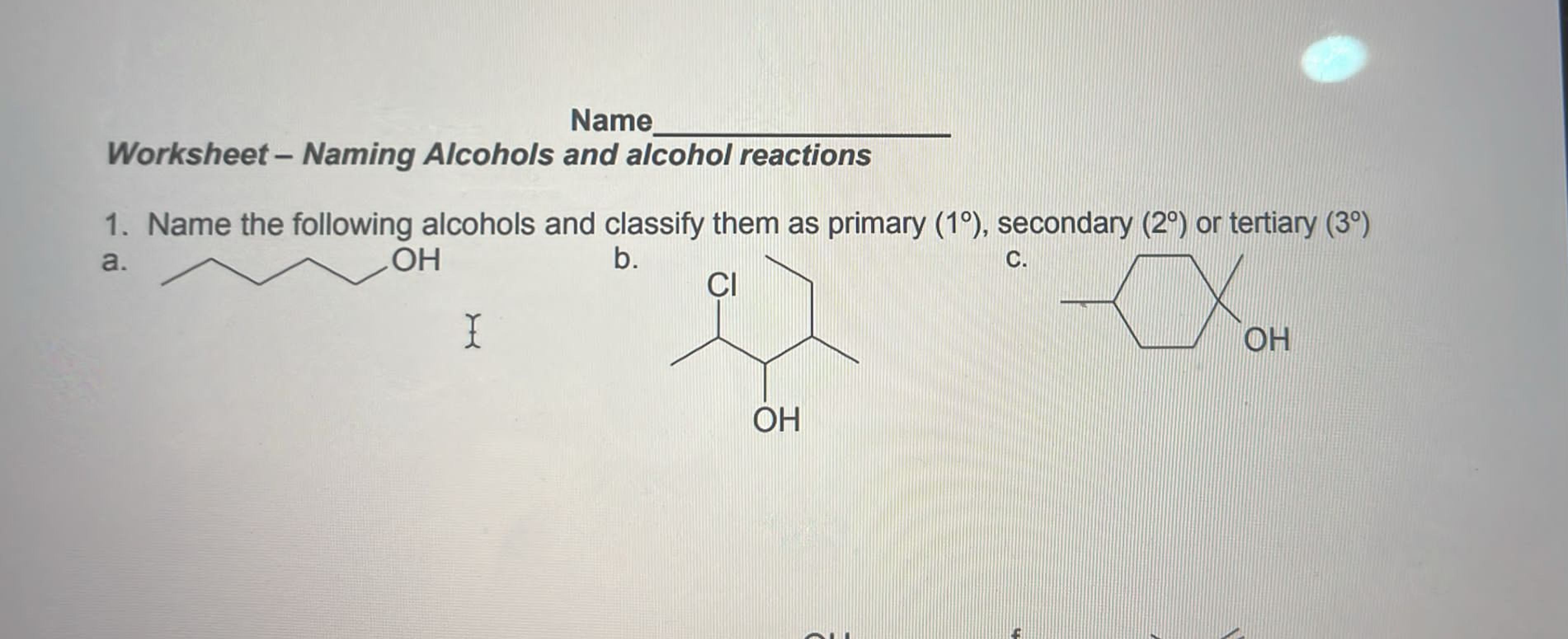 Worksheet - ﻿Naming Alcohols and alcohol | Chegg.com