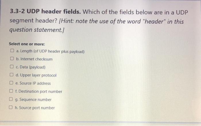 Solved 3.3-2 UDP header fields. Which of the fields below | Chegg.com