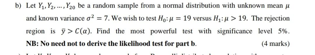 Solved b) Let Y1,Y2,…,Y20 be a random sample from a normal | Chegg.com