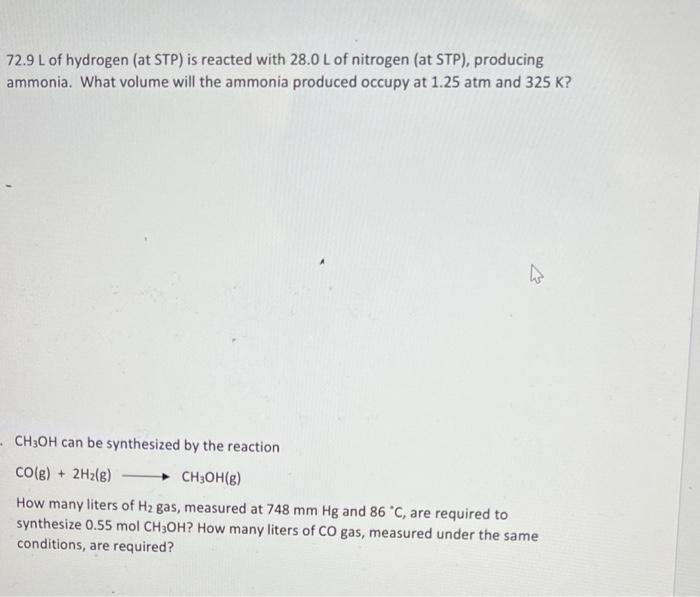 Solved 72.9 L of hydrogen (at STP) is reacted with 28.0 L of | Chegg.com