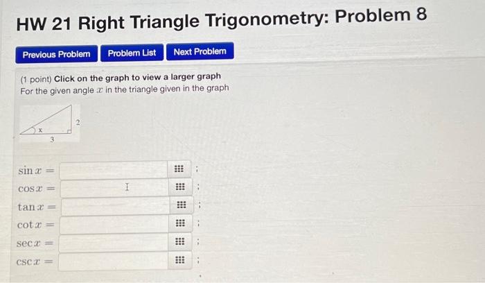 Solved (1 point) Consider the right triangle illustrated | Chegg.com