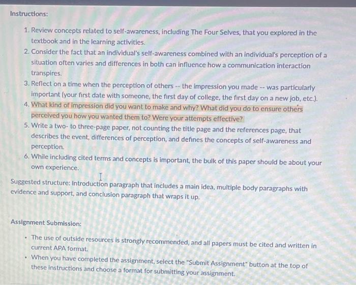1. Review concepts related to self-awareness, | Chegg.com