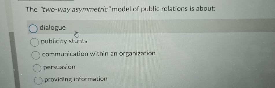 Solved The "two-way asymmetric" model of public relations is | Chegg.com