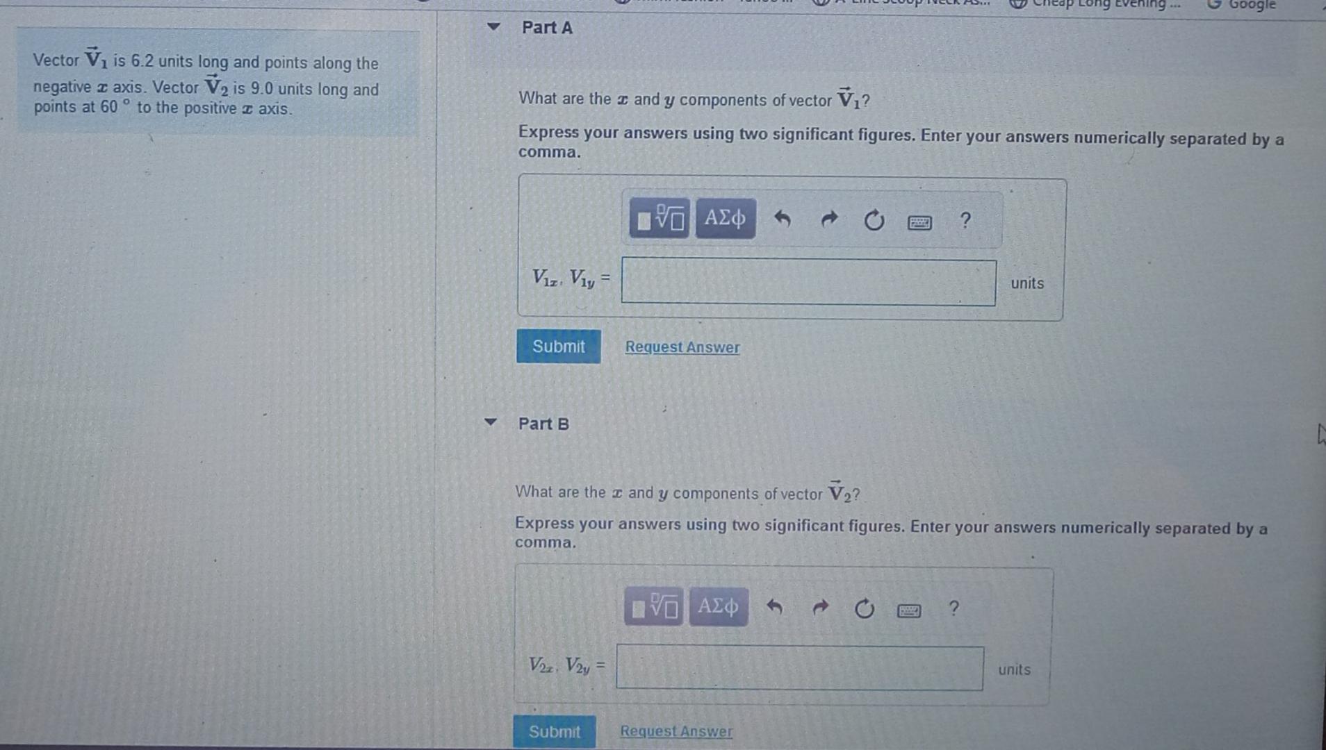 Solved Part AVector vec(V)1 ﻿is 6.2 ﻿units long and points | Chegg.com