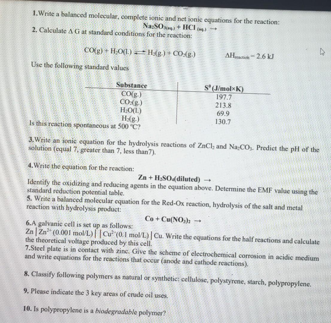 Solved 1. Write a balanced molecular, complete ionic and net | Chegg.com