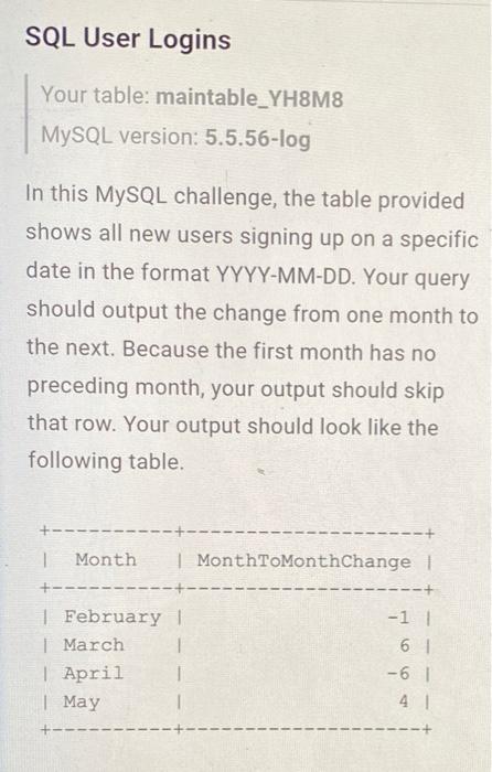 SQL User Logins Your table: maintable_YH8M8 MySQL | Chegg.com
