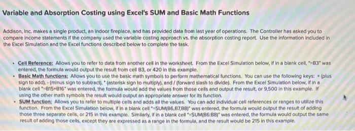 Solved Variable and Absorption Costing using Excel's SUM and | Chegg.com