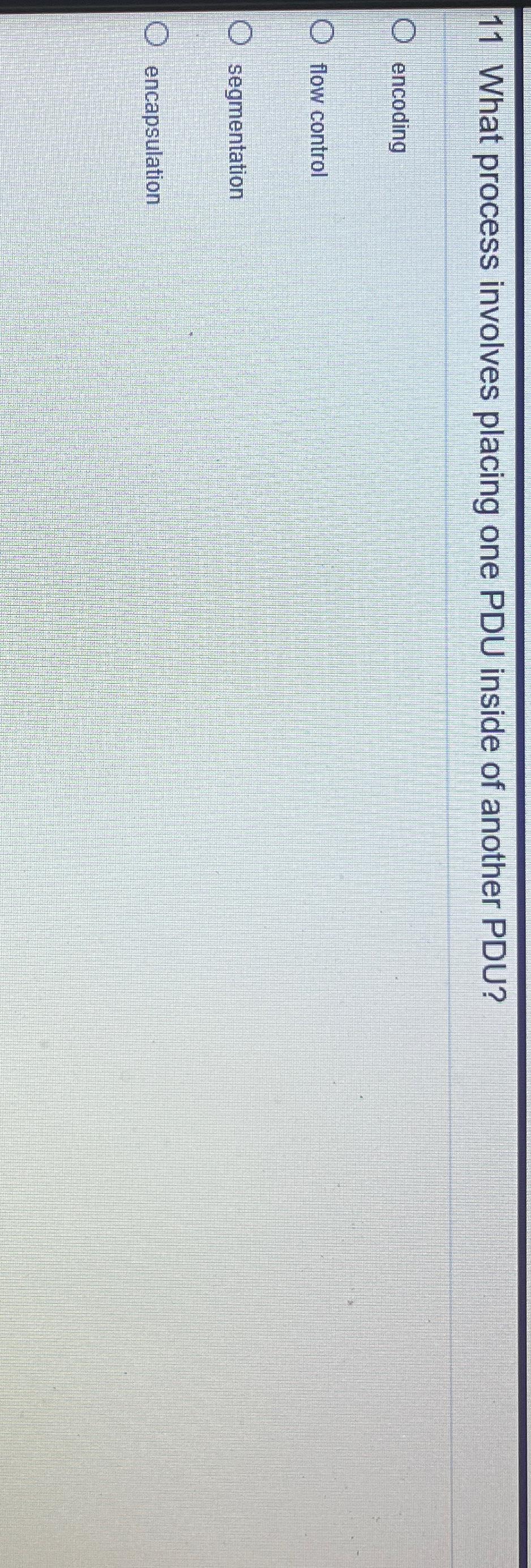 Solved 11 ﻿What process involves placing one PDU inside of | Chegg.com