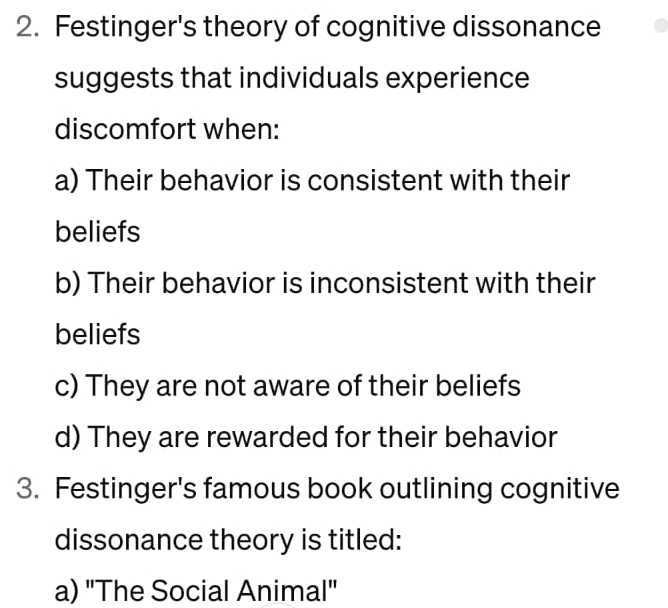 Solved Festinger's theory of cognitive dissonance suggests | Chegg.com