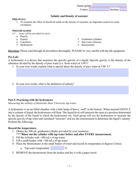 Solved Name (print): Course: Section: Salinity and Density | Chegg.com