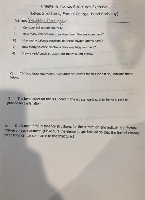 Solved (Lewis Structures, Formal Charge, Bond Enthalpy) | Chegg.com