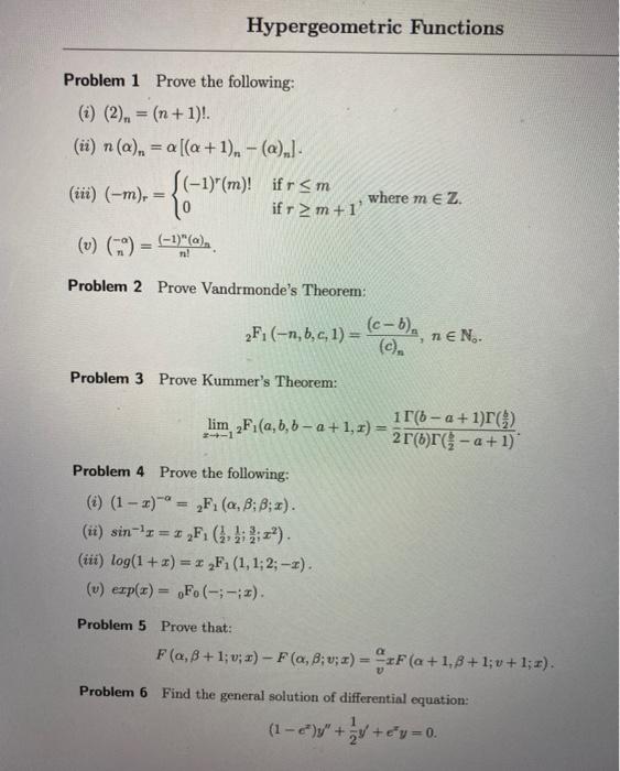 Solved Hypergeometric Functions Problem 1 Prove the | Chegg.com