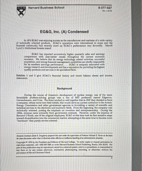 Solved EG\&G, Inc. (A) Condensed In 1974EG8G was enjoying | Chegg.com