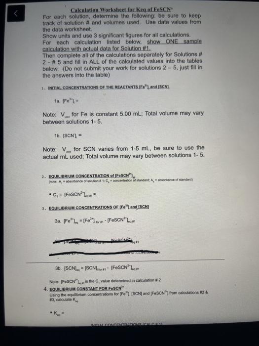 Solved Calculation Worksheet for keq of FSCN For each | Chegg.com