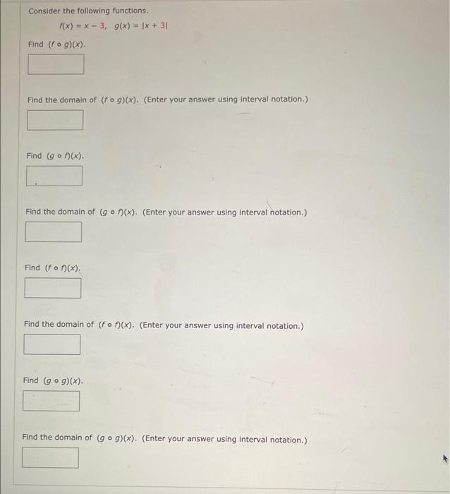 Solved Consider the following functions. f(x)=x−3,g(x)=∣x+3∣ | Chegg.com