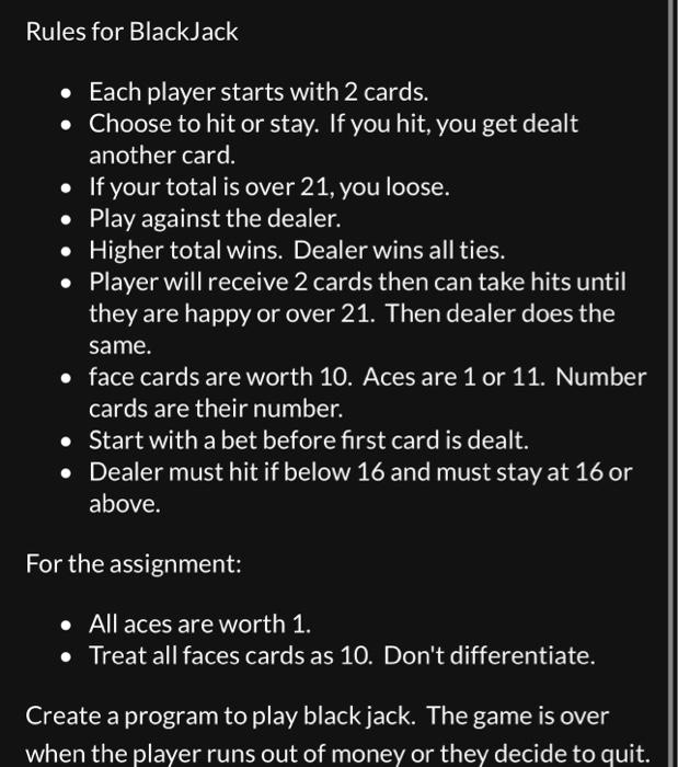 Solved Rules for BlackJack - Each player starts with 2 | Chegg.com