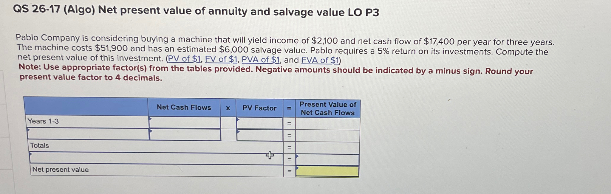 Solved QS 26-17 (Algo) ﻿Net present value of annuity and | Chegg.com