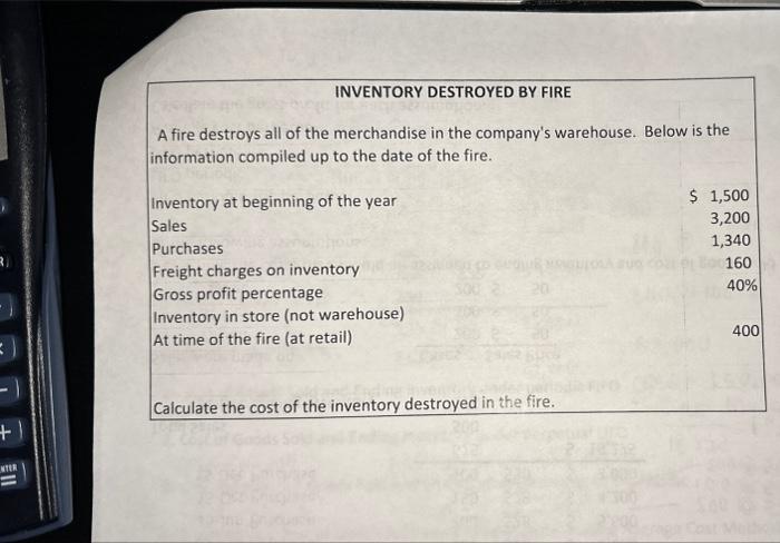 Solved INVENTORY DESTROYED BY FIRE A fire destroys all of | Chegg.com