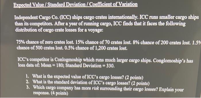 Solved Expected Value / Standard Deviation / Coefficient of | Chegg.com