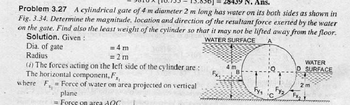 Solved Problem 3.27 A cylindrical gate of 4m diameter 2m | Chegg.com
