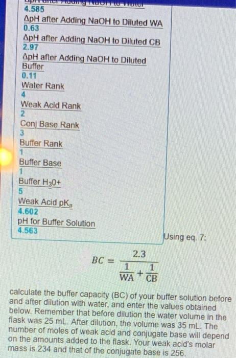 Solved Using eq. 7: 2.3 BC = 1 1 + WA CB calculate the | Chegg.com