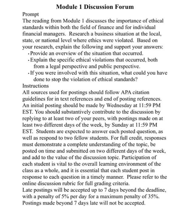 Solved Module 1 Discussion Forum Prompt The reading from | Chegg.com