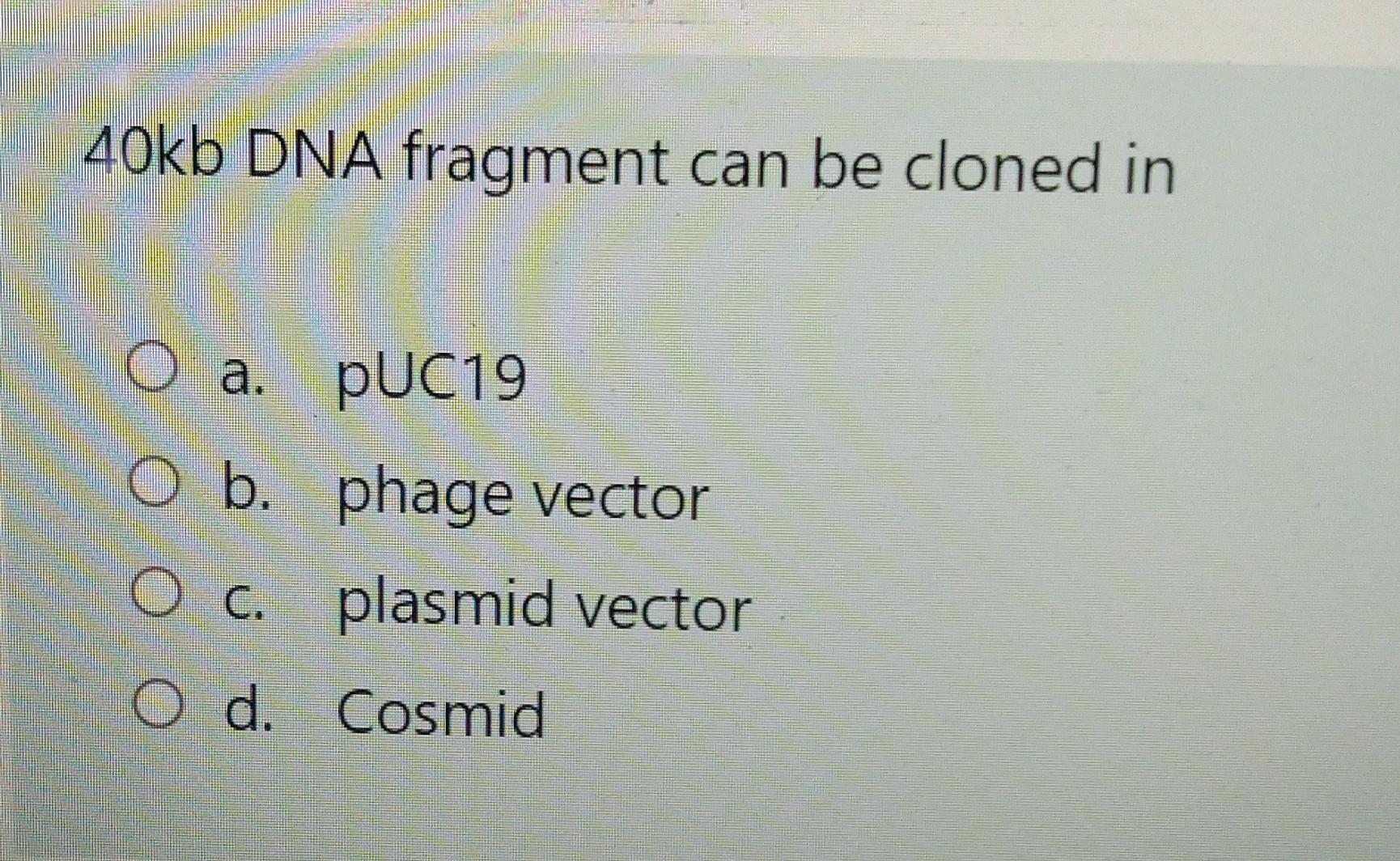 Solved 40kb DNA fragment can be cloned in O a. pUC19 O b. | Chegg.com