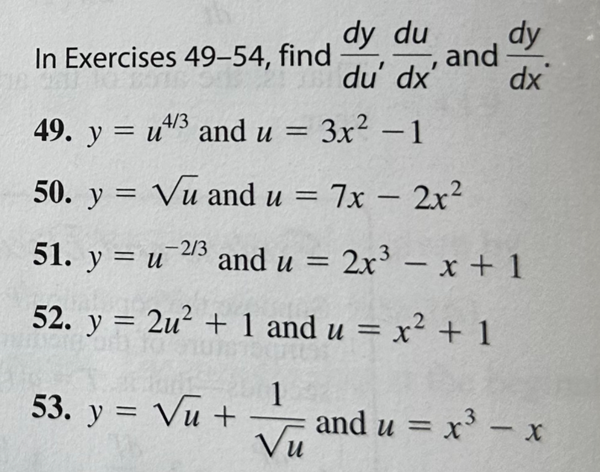 Solved In Exercises 49-54, ﻿find dydu,dudx, ﻿and | Chegg.com
