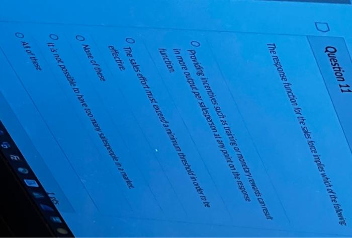 Solved Question 11 The response function for the sales force | Chegg.com