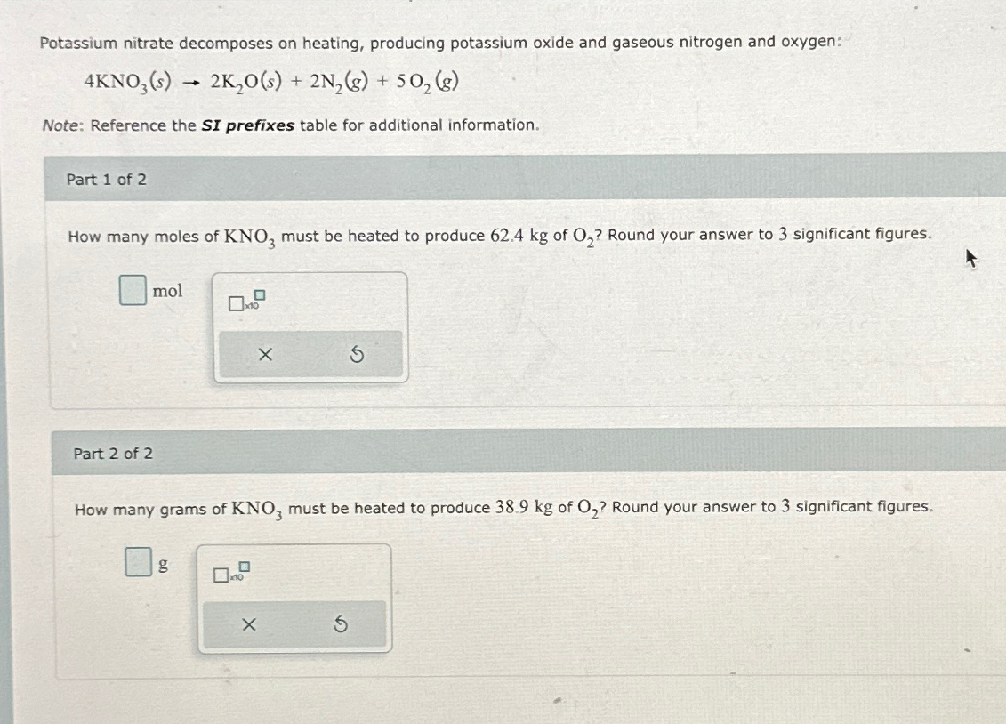 Potassium nitrate decomposes on heating, producing | Chegg.com