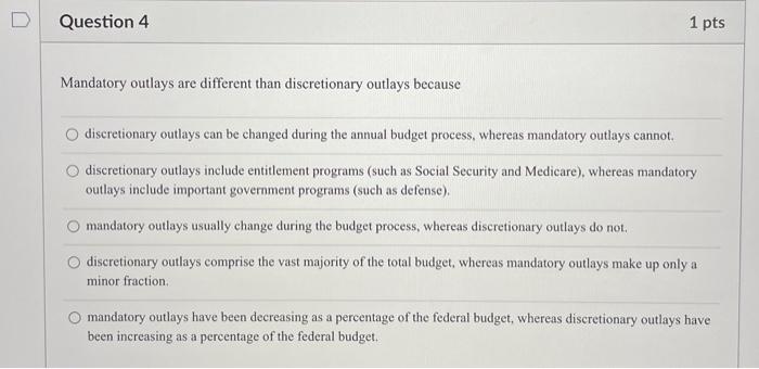 Solved Question 4 1 pts Mandatory outlays are different than | Chegg.com
